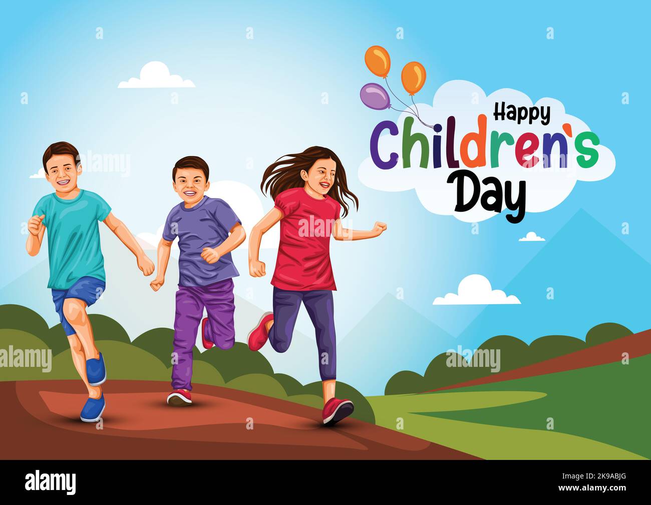 happy children's day group of kids running nature background. abstract ...