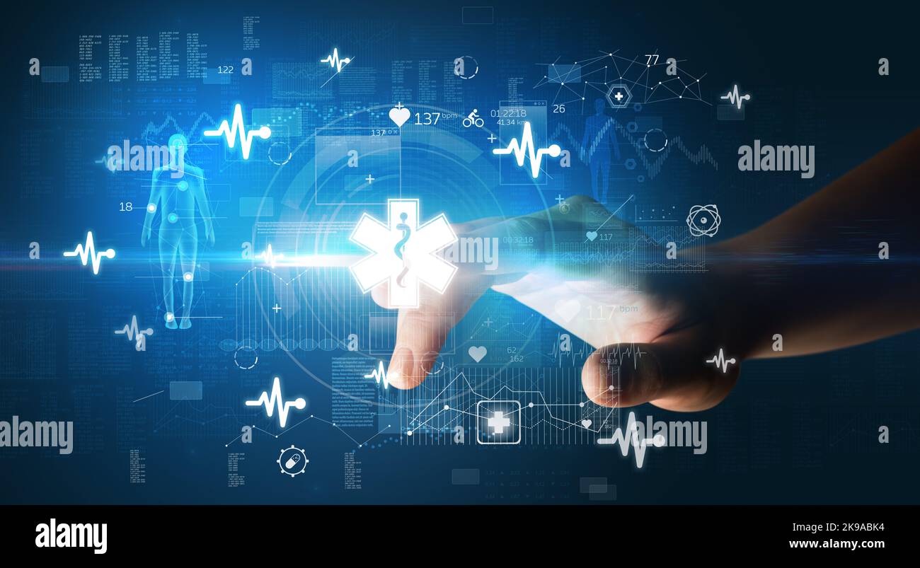 Doctor hand pressing futuristic health device with medical symbol on screen Stock Photo - Alamy