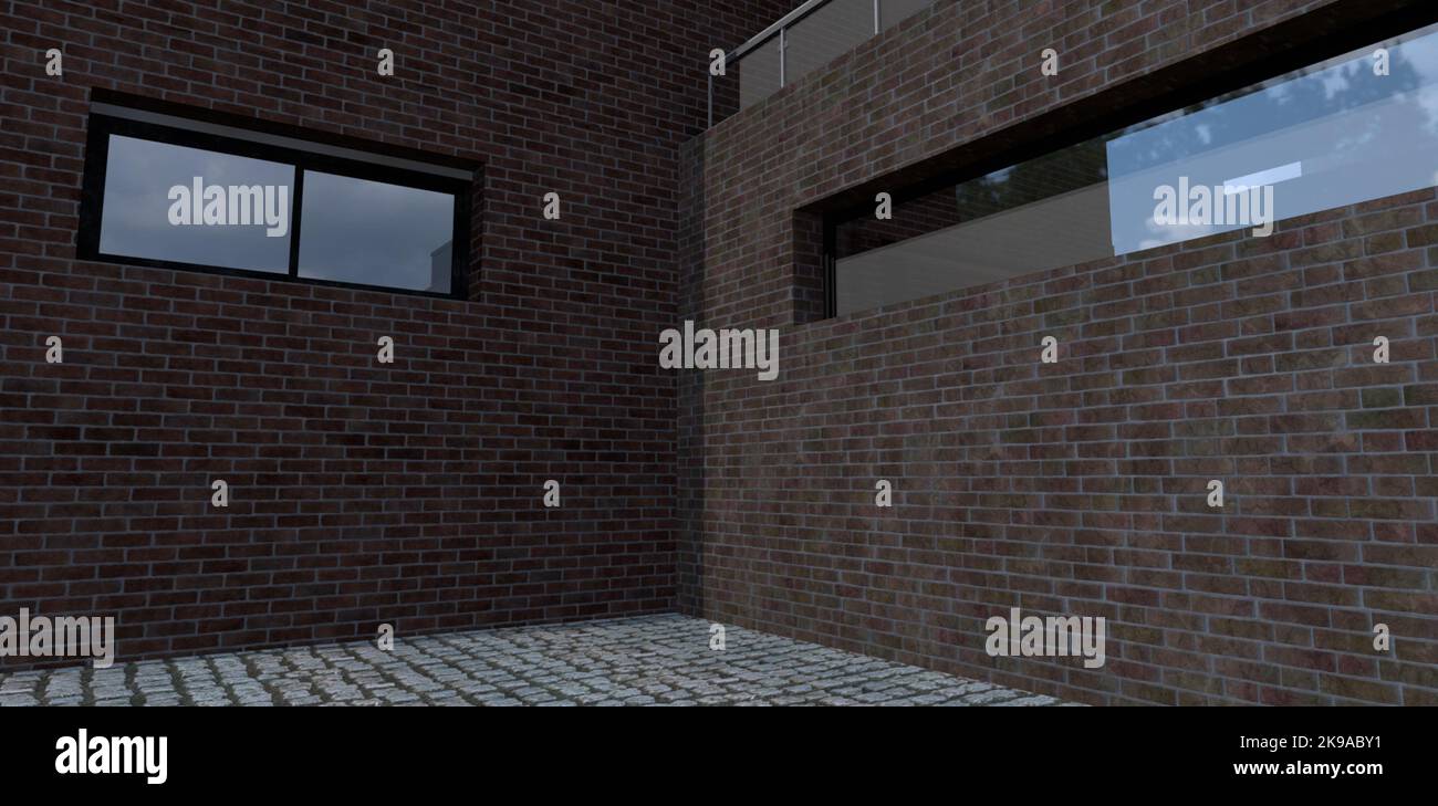 Inner corner. Wall of old dark brick. Window with mirror glass. Granite ...