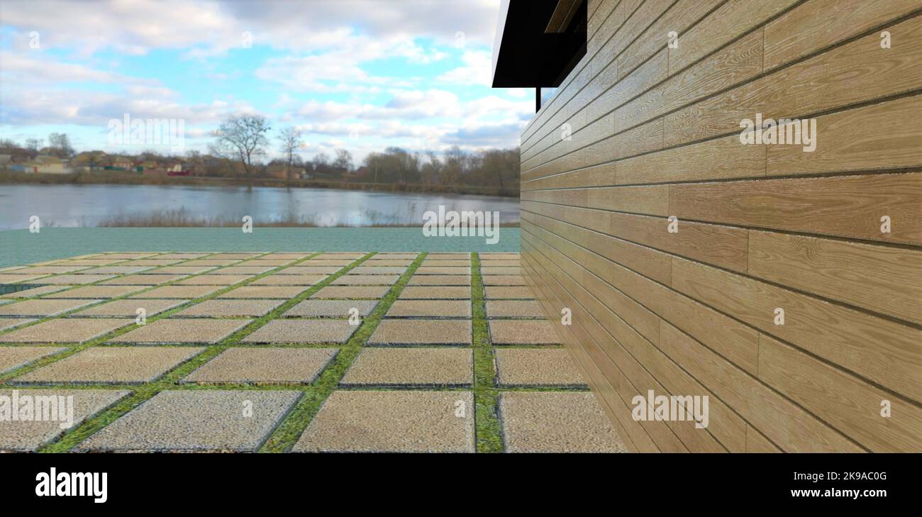 Facade tiles imitation of polished wood. Exterior of a country building ...