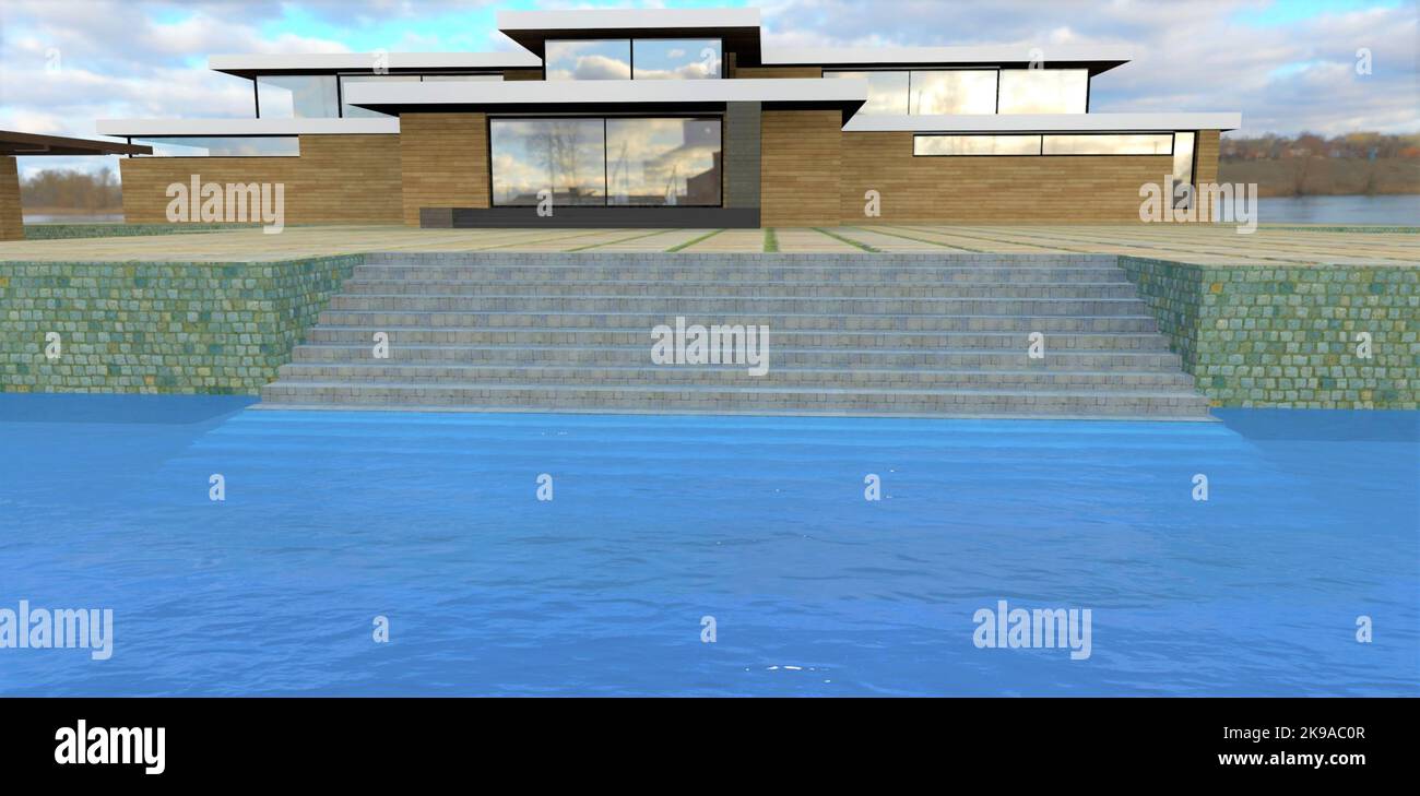 Wide stone stairs to the pool. The steps shine through the blue water ...