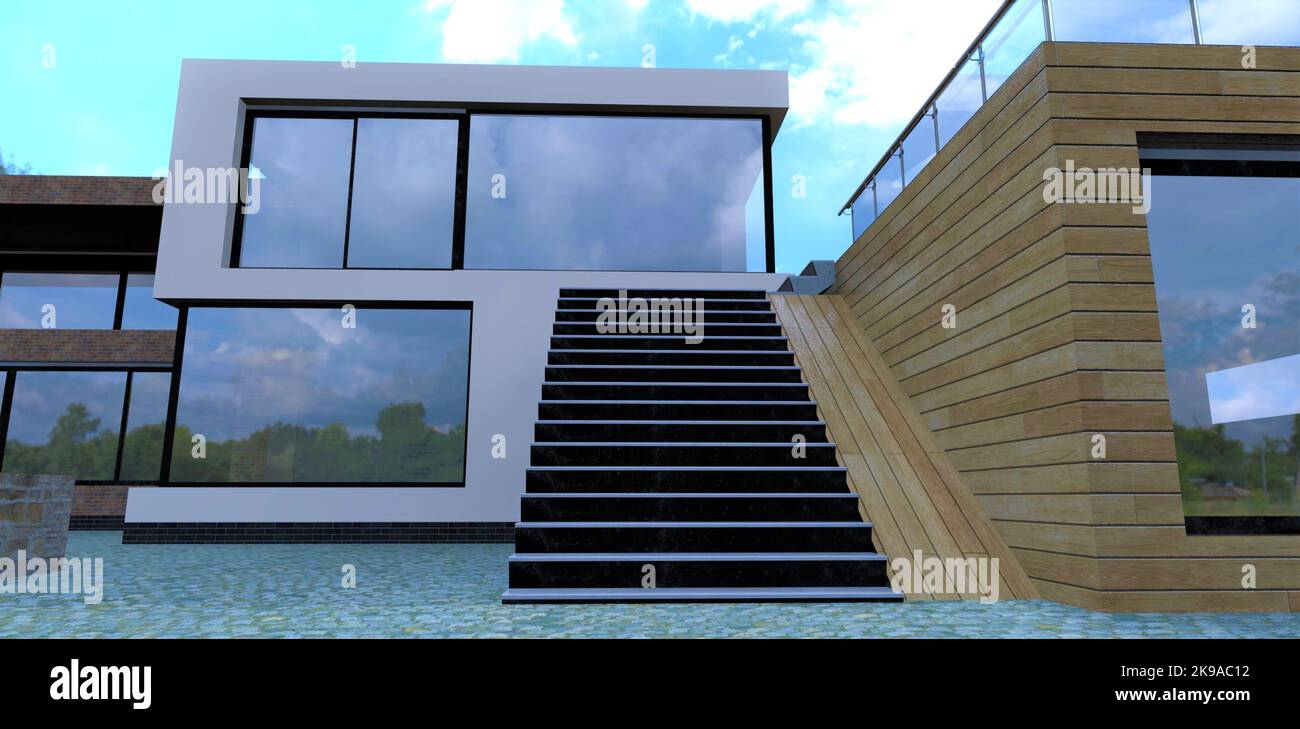 Stone staircase leading to the terrace of an exclusive country house ...