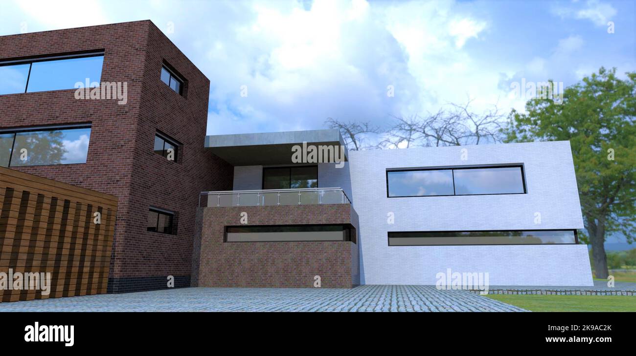 Balcony on the second floor of a modern country building. Glass panel ...