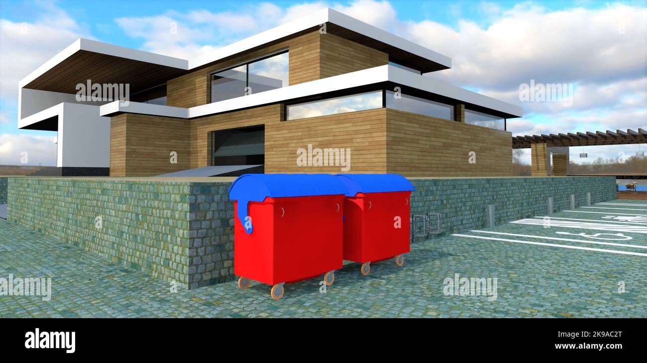 Red trash cans with a blue lid and yellow wheels. To the right is a ...