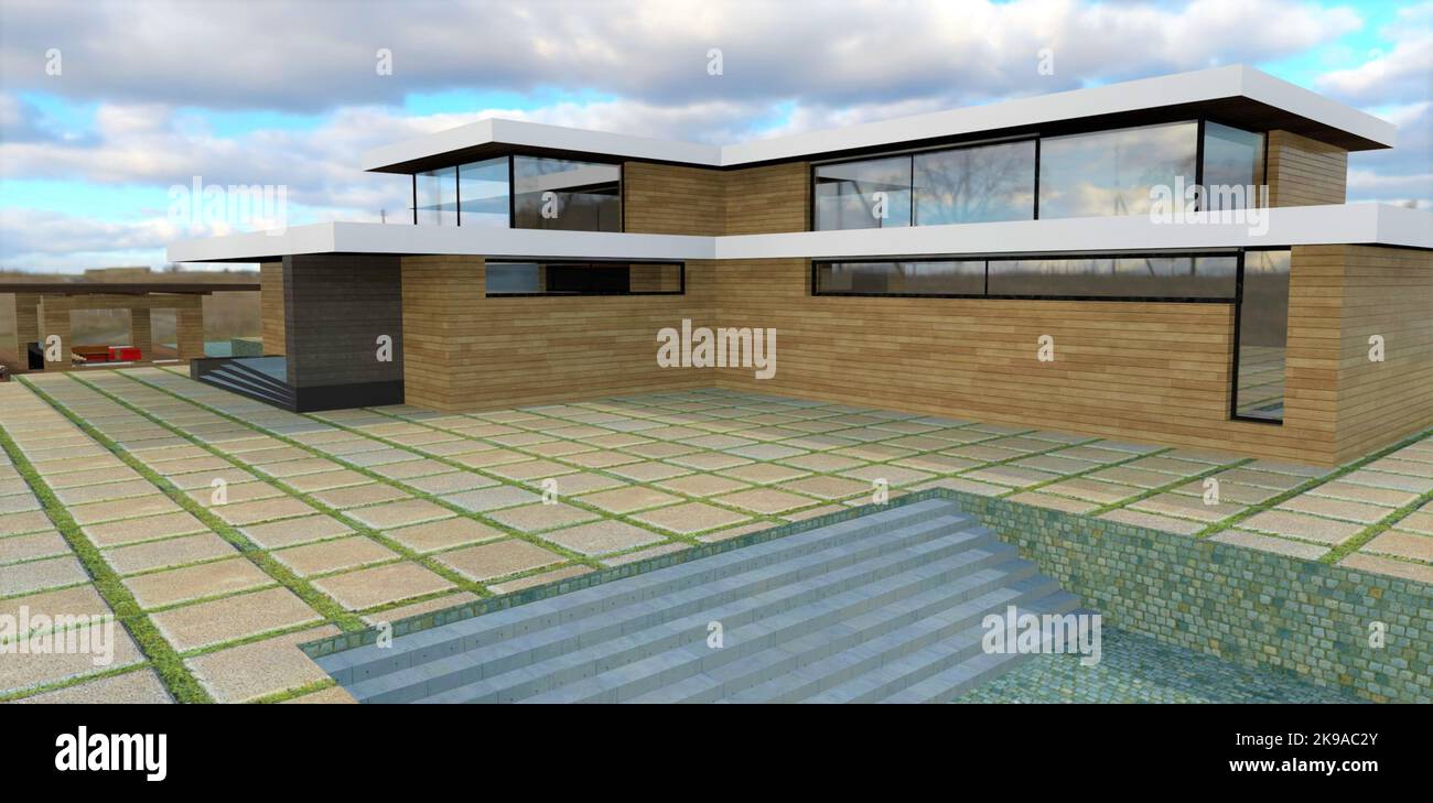 An interesting villa with a wooden facade made of light lacquered ...