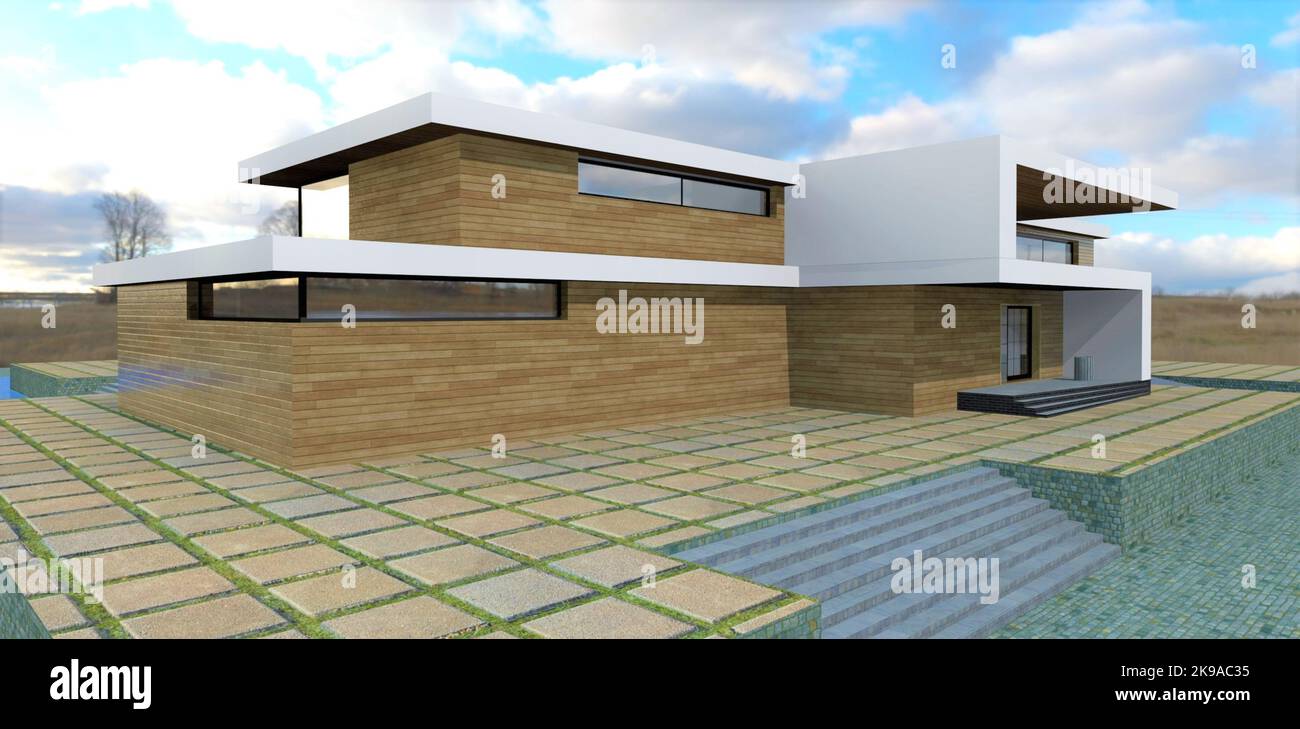 Entrance to the house with a wooden facade. Paving stone from concrete ...