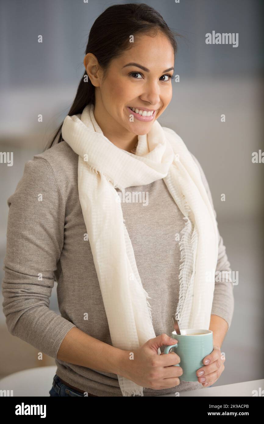 happy woman drink coffee Stock Photo - Alamy