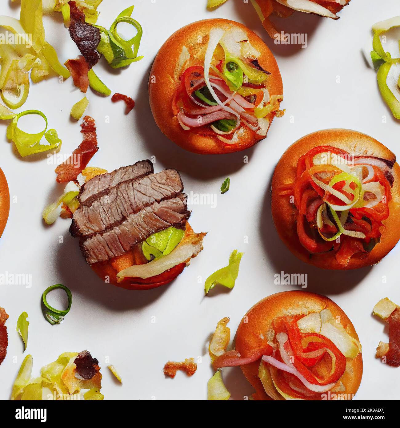 A flat lay top view of a hamburger provides a seamless texture ...