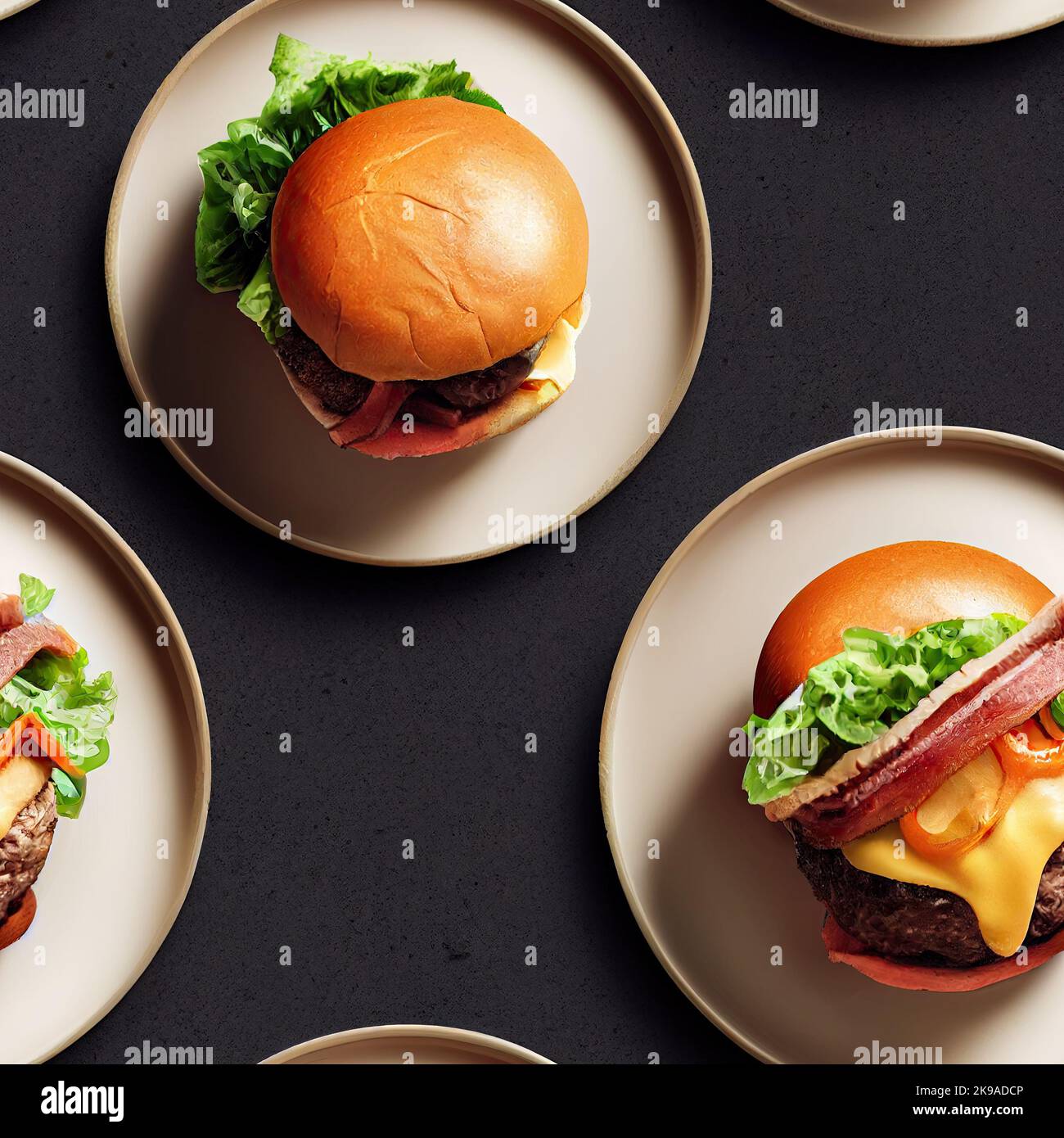 A seamless texture background of a hamburger is depicted in a flat lay ...