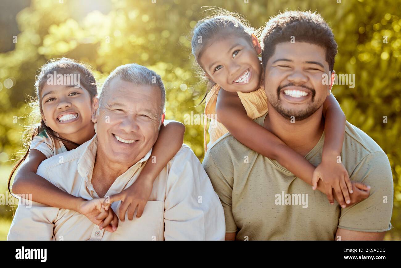 Happy, family and children hug in a nature park with happiness in the ...
