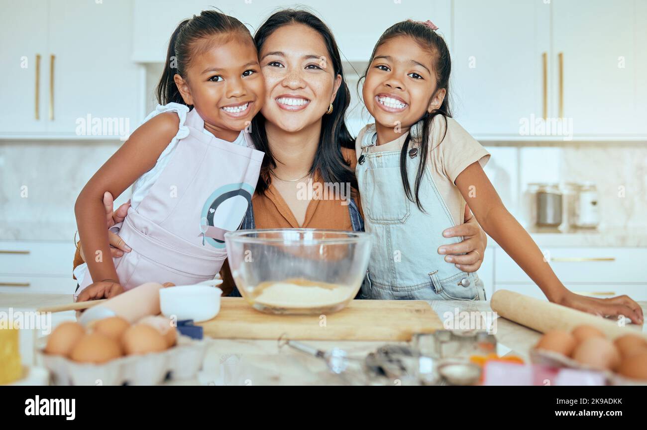 Baking, mother and children in kitchen, happy and smile together ...