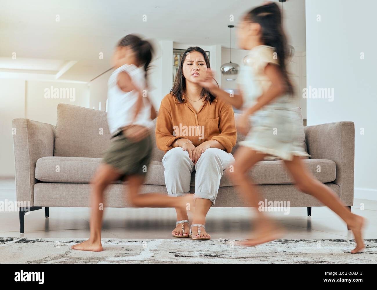 Child care stress, mother and children running with energy with mom ...