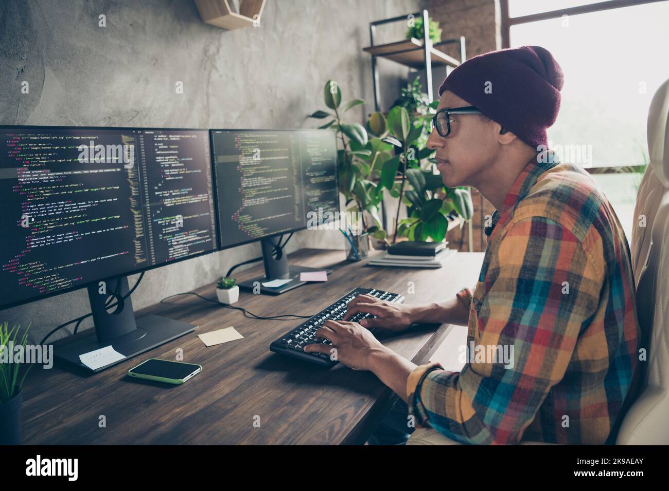 Profile portrait of intelligent guy sit chair keyboard typing debugging ...