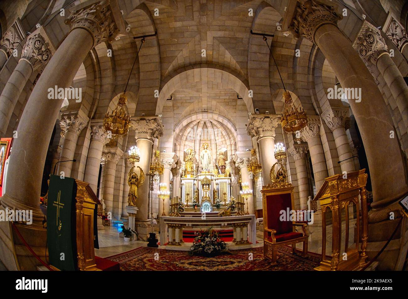 Wide angle of the colonnade. Interior architecture of the religious ...