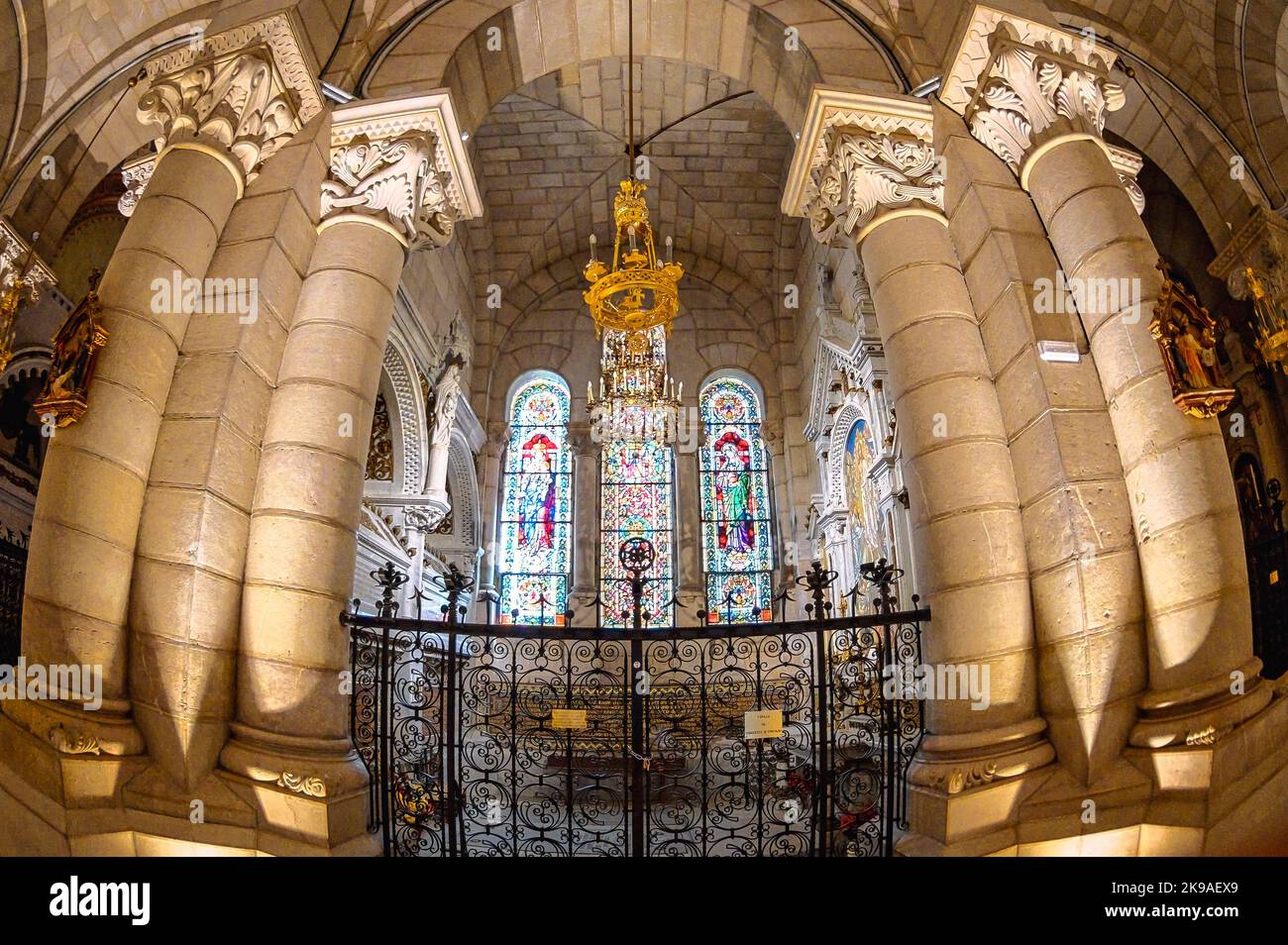 Wide angle of the colonnade. Interior architecture of the religious ...