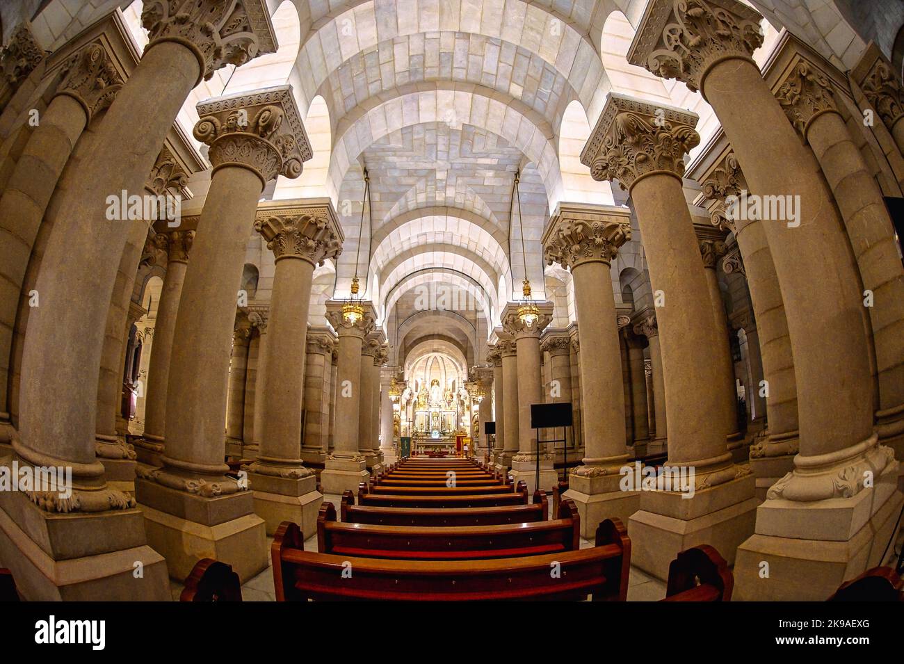 Wide angle of the colonnade. Interior architecture of the religious ...