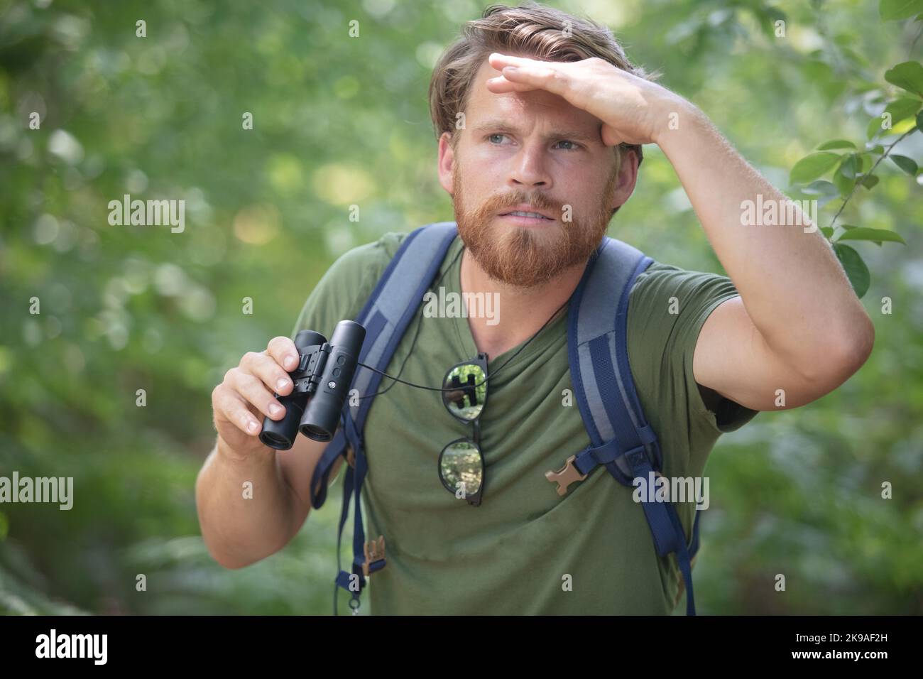 man explorer in the forest scanning the horizon with binoculars Stock ...