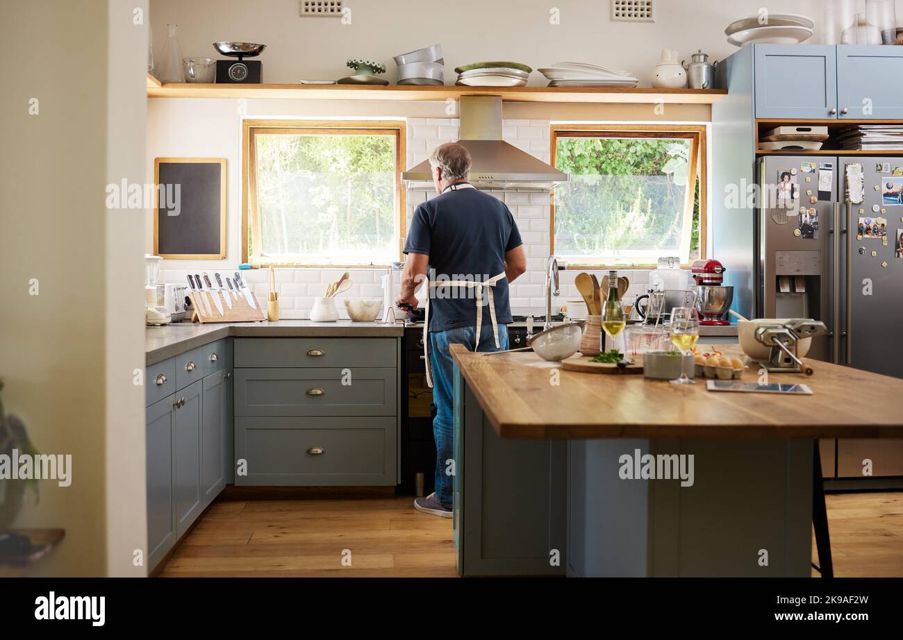 Cooking, breakfast and man in the kitchen of a house for healthy food ...