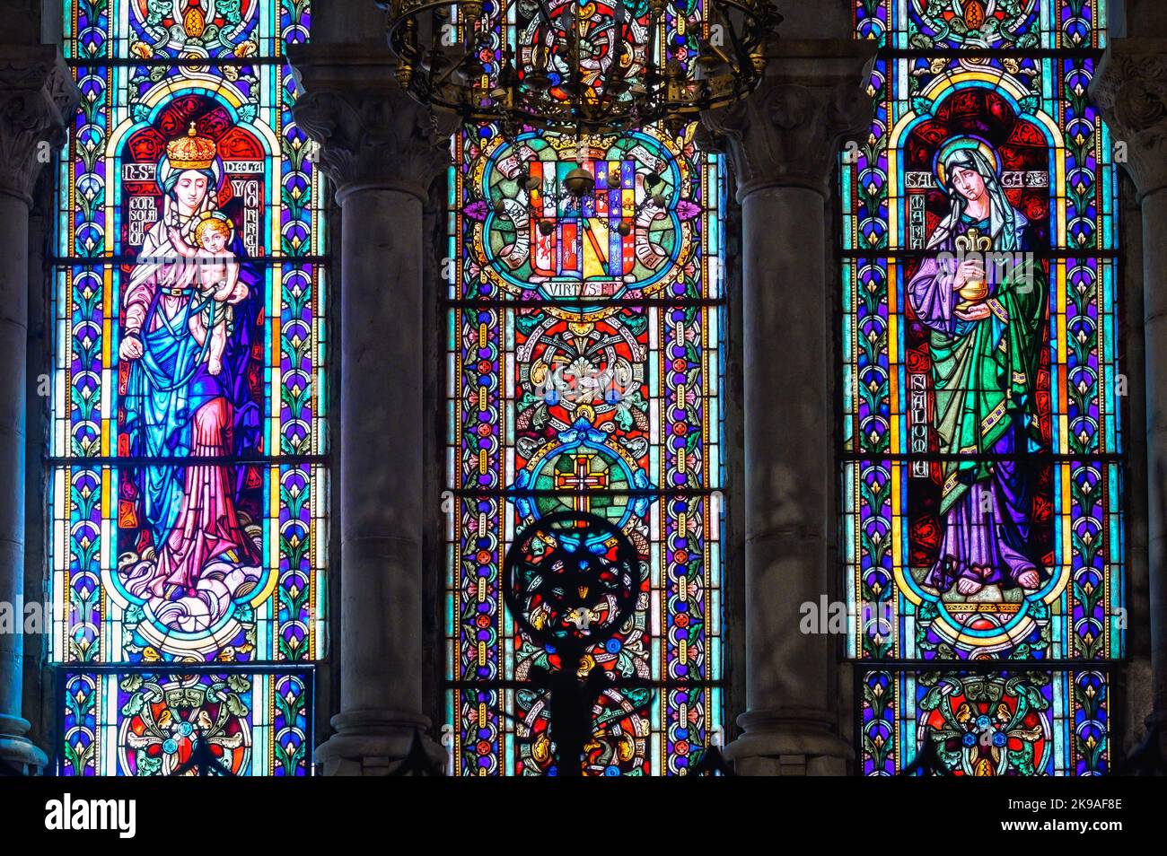 Stained glass windows. Interior architecture of the religious building ...