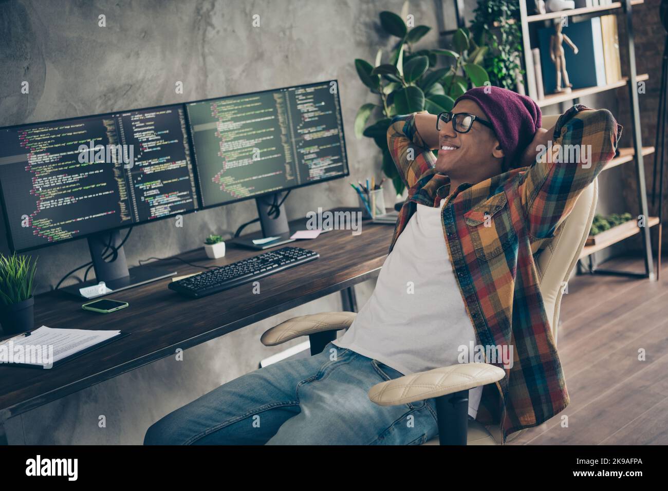 Profile photo of peaceful cheerful guy sit chair arms behind head take ...