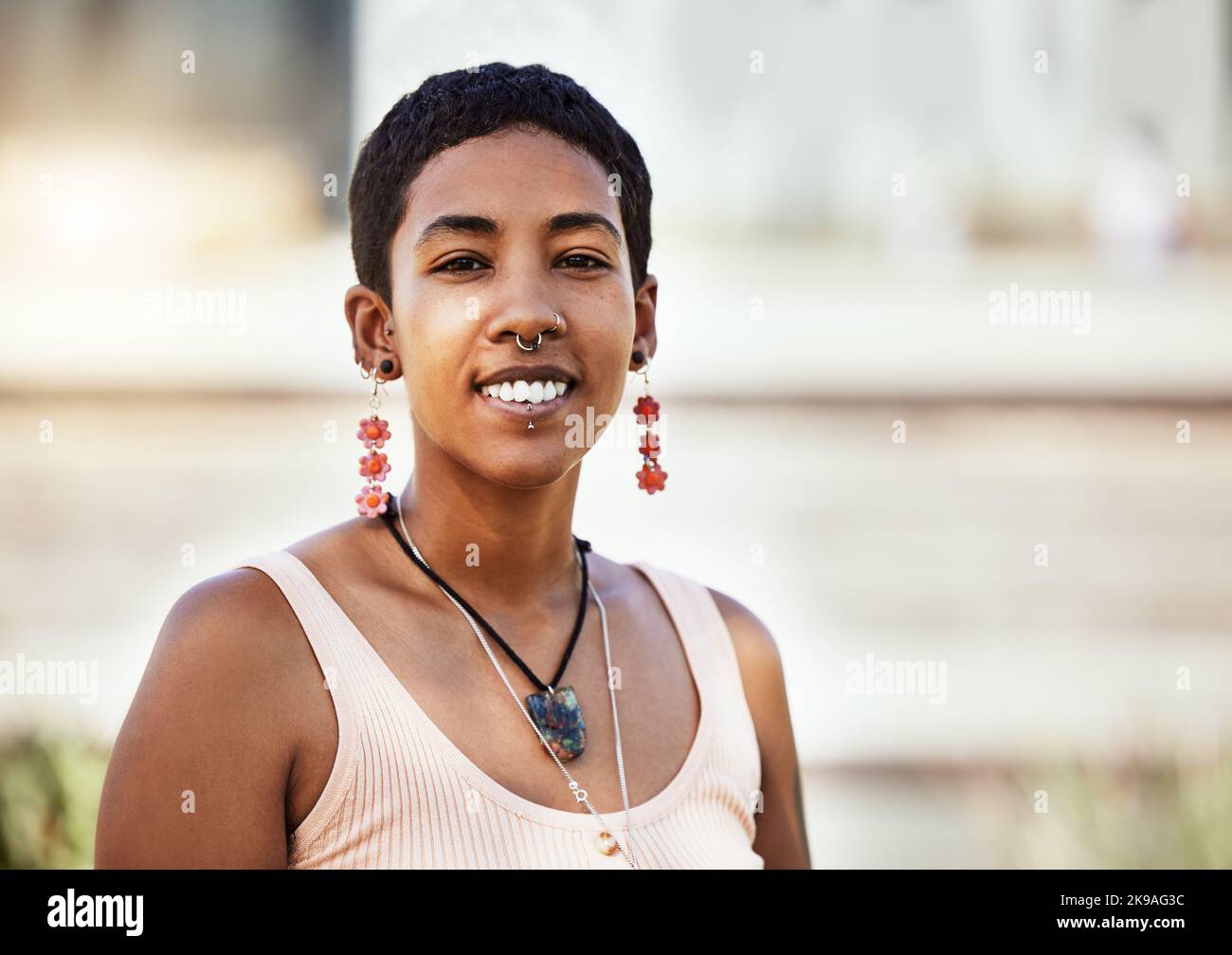 Portrait, African hipster woman and gen z fashion, millennial trendy ...