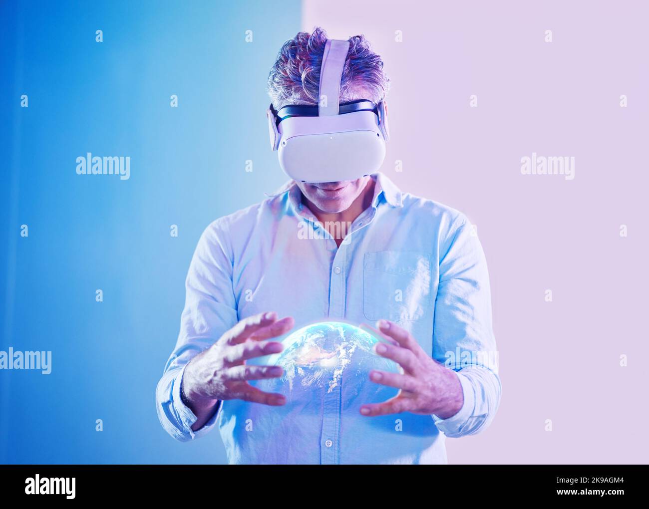 Man hands, metaverse and virtual reality globe hologram for world networking, global digital ...