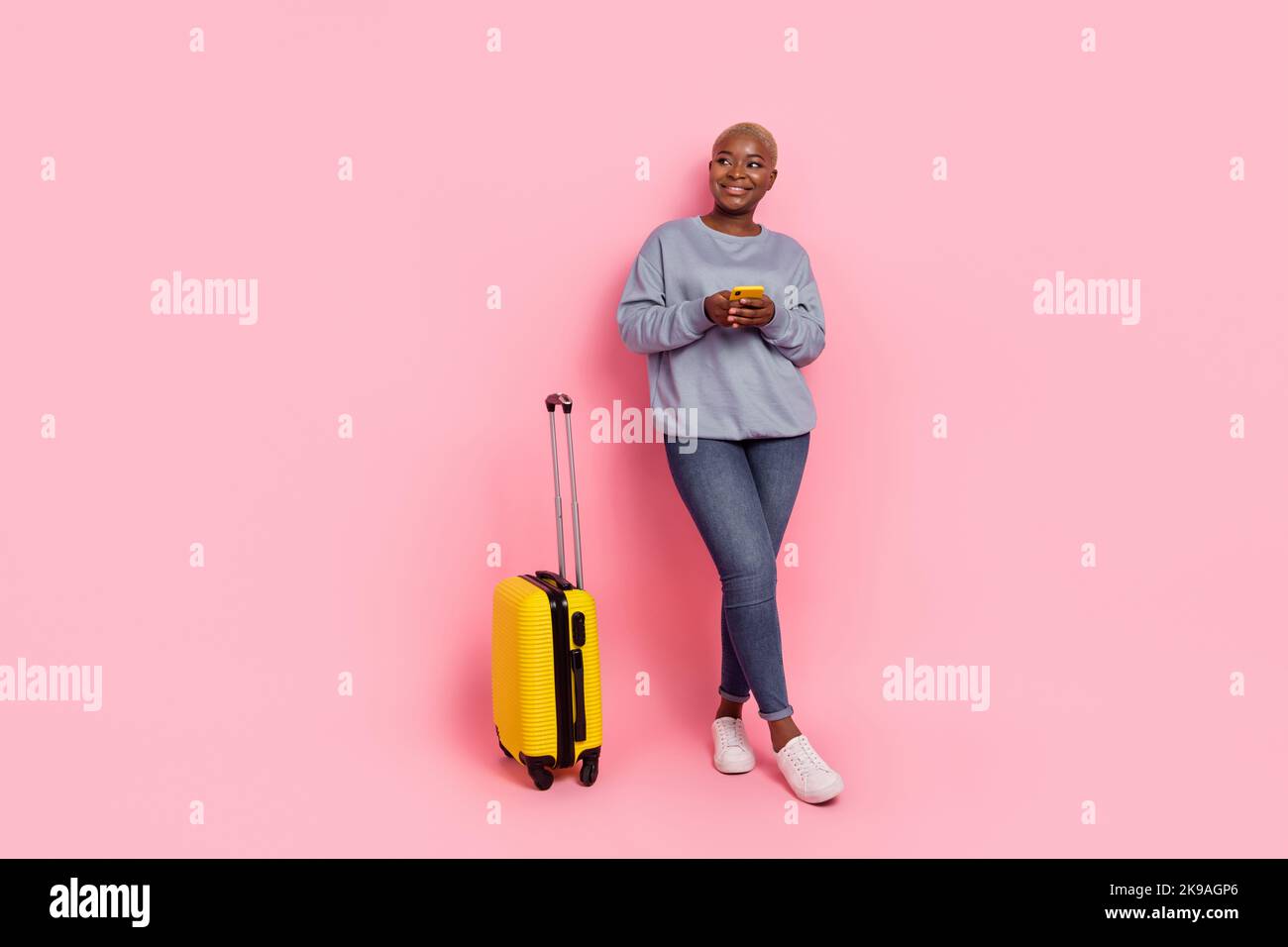 Full Length Portrait Of Attractive Positive Lady Hold Telephone Look