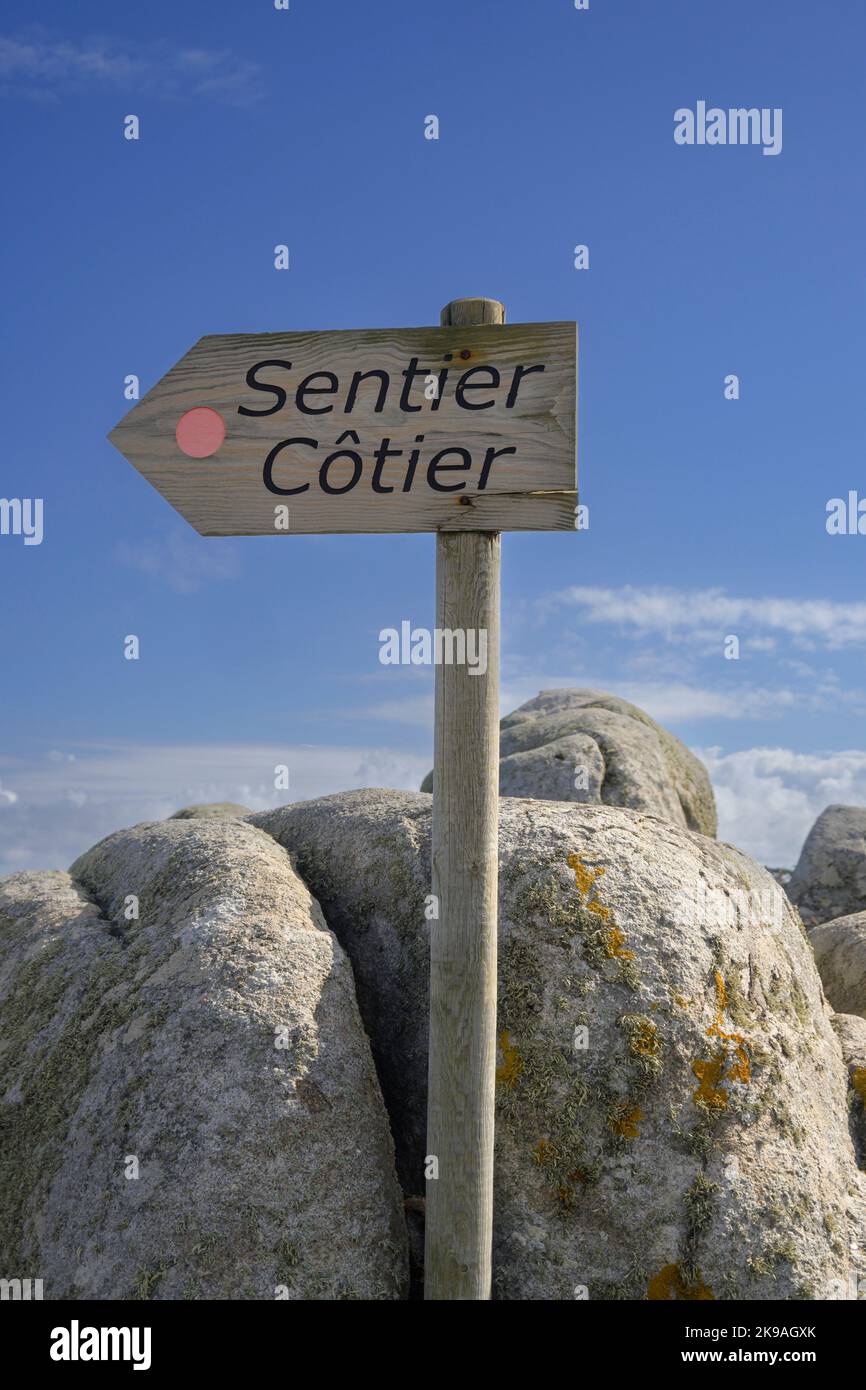 Sentier Côtier coastal path sign Ile de Batz Roscoff Finistere Brittany ...