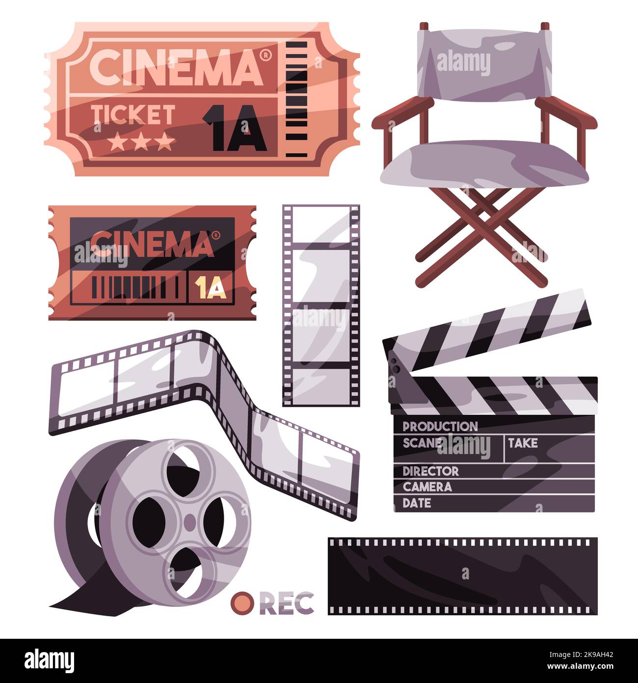 Movie cinema production objects from director chair clapboard film ...