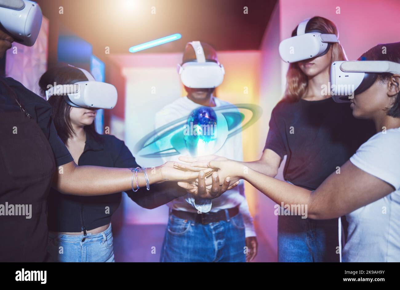 Vr headset, planet hologram and group of people connect hands with 3d ...