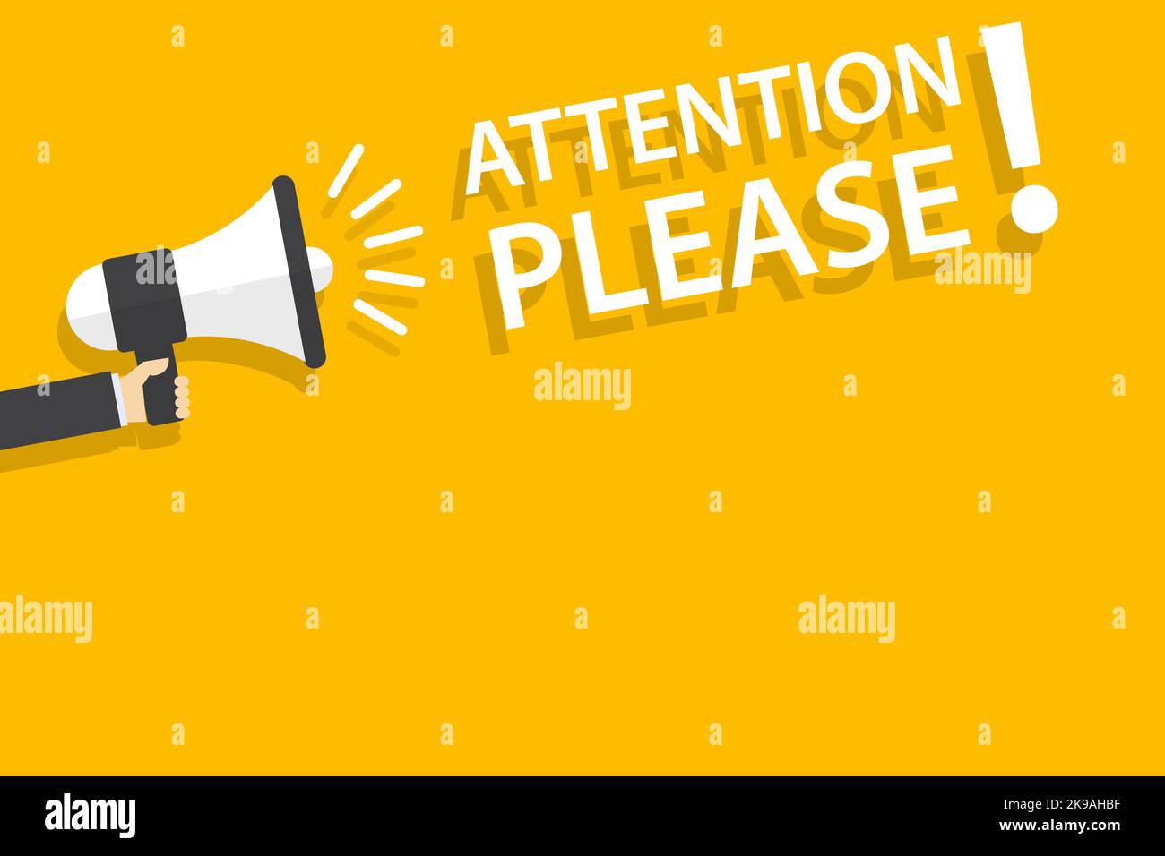 hand holding megaphone with attention please speech bubble banner vector with copy space for ...