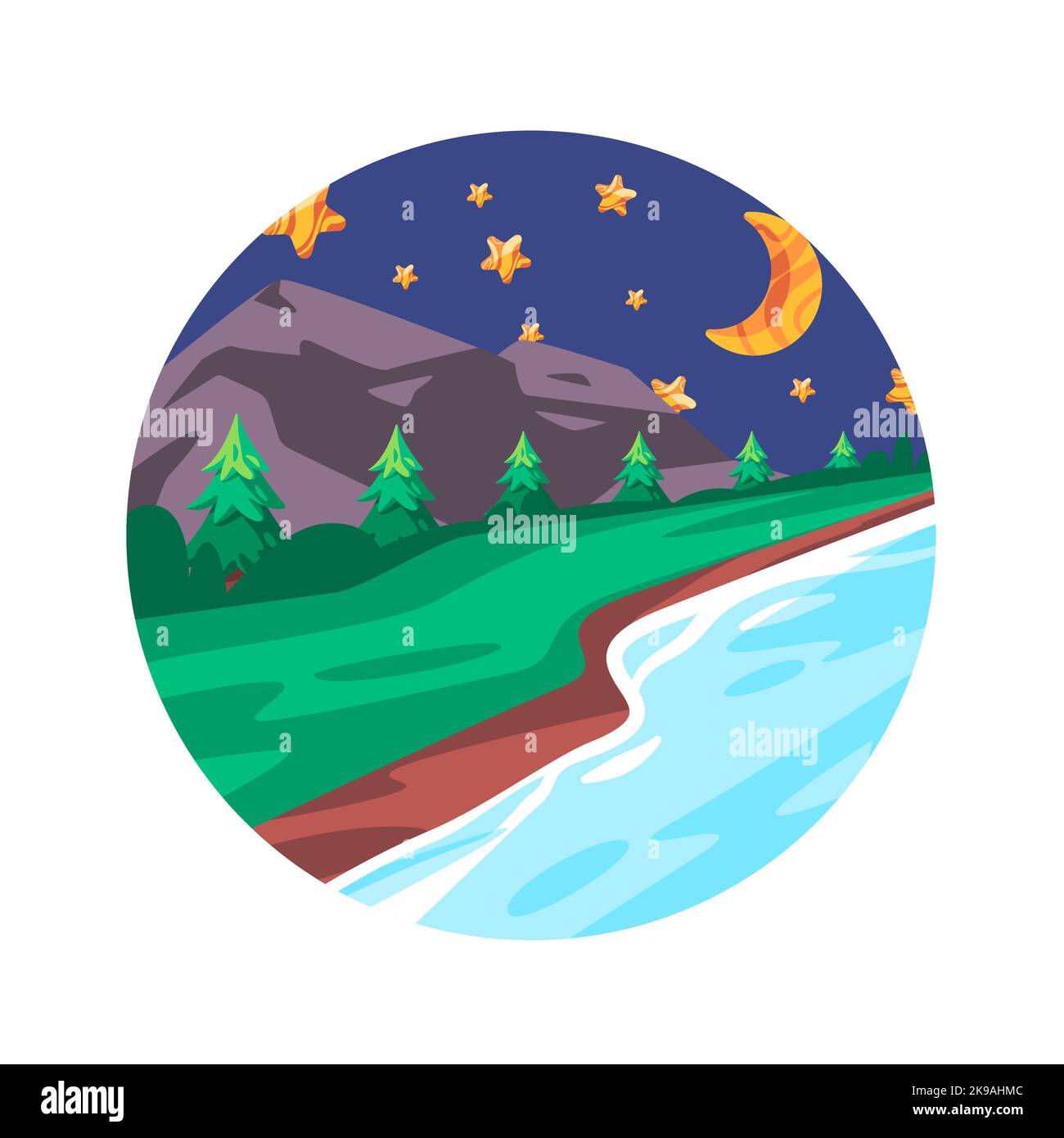 River banks in mountain forest with sky night full of stars ...