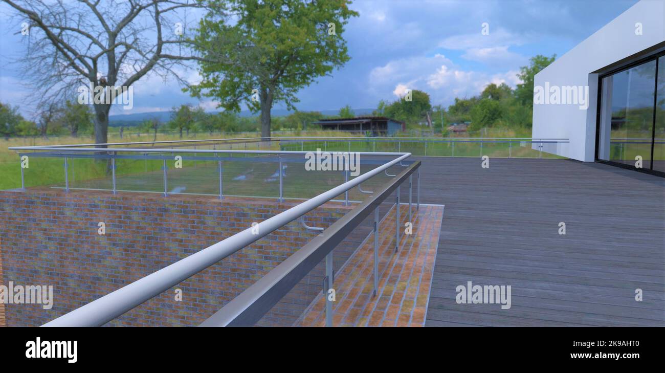 Metal railing with glass panels on the roof of an advanced country ...