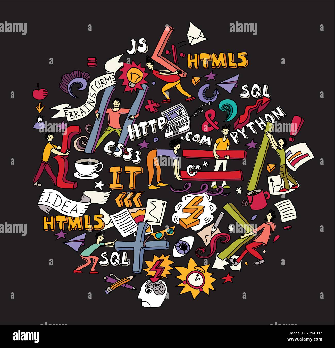 IT-specialists team work write code symbols round doodles Stock Vector ...