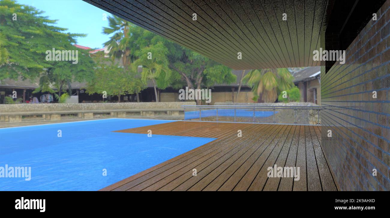 Swimming pool on the lacquered roof terrace of a cozy private house ...