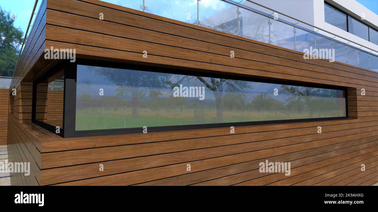 Corner window in a wooden wall. Elongated narrow shape. The frame is ...