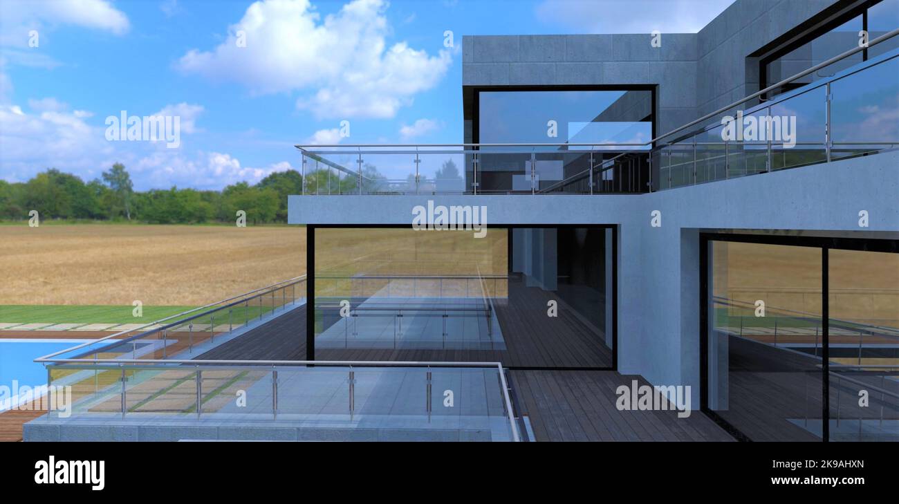 Unusual design of a country building made of concrete and glass. Multi ...