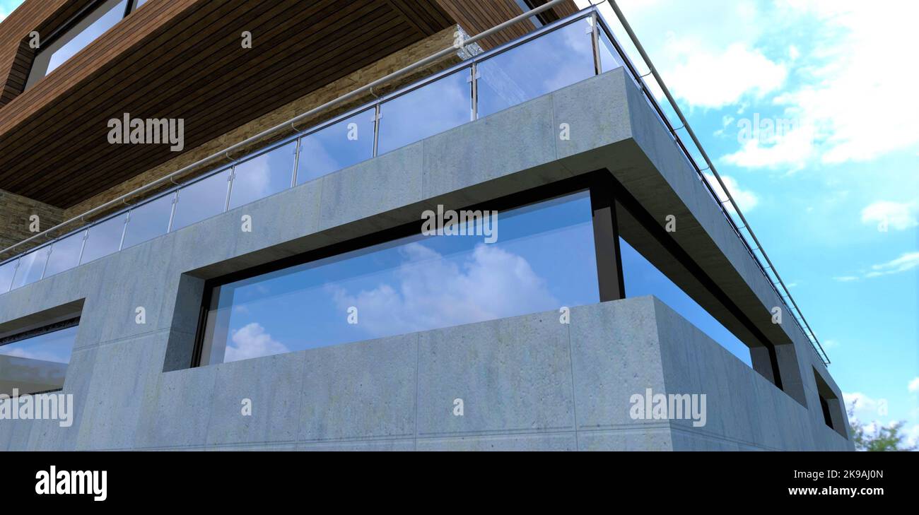 Concrete wall corner. Bottom view of the corner window. The balcony on ...