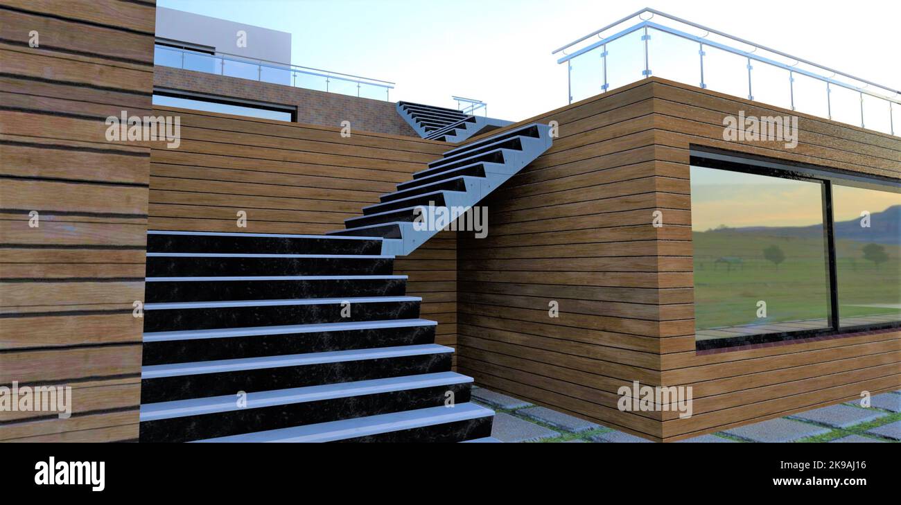 Staircase to the terrace of a magnificent large house. Finishing the ...