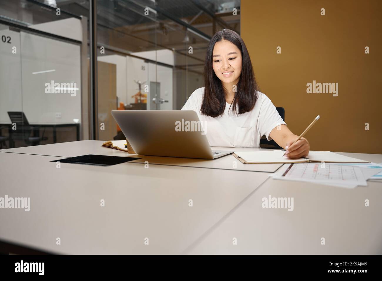 Charming female entrepreneur working online while using internet in the ...
