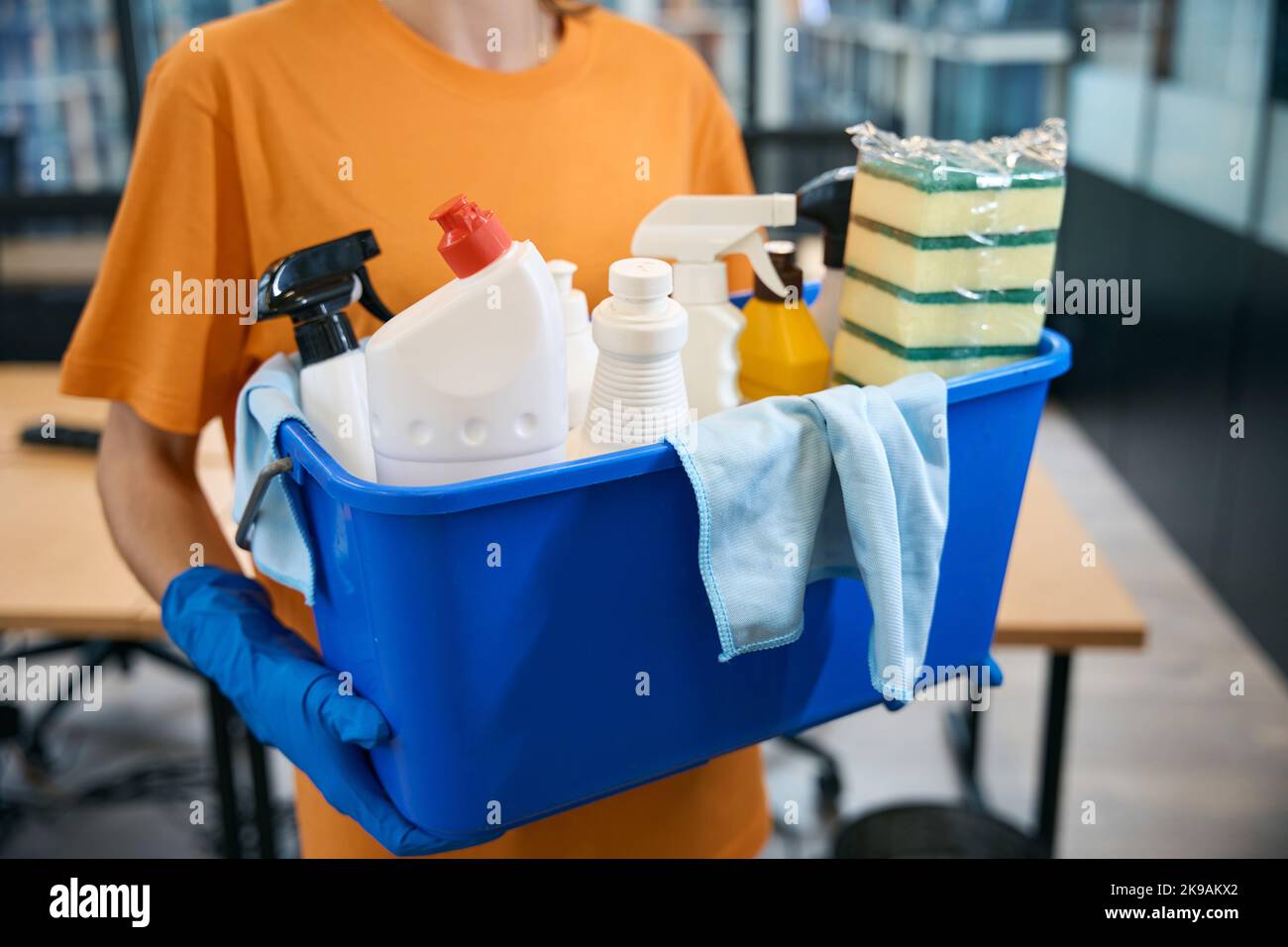 Cleaner cleaning company holds in her hands set of gadgets for cleaning ...