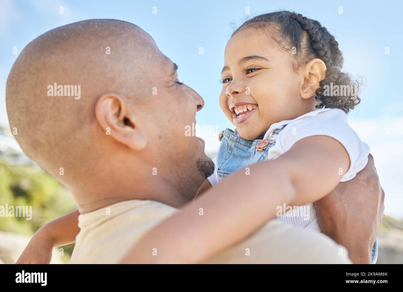 Father, girl and family relationship play outdoor in nature with a ...
