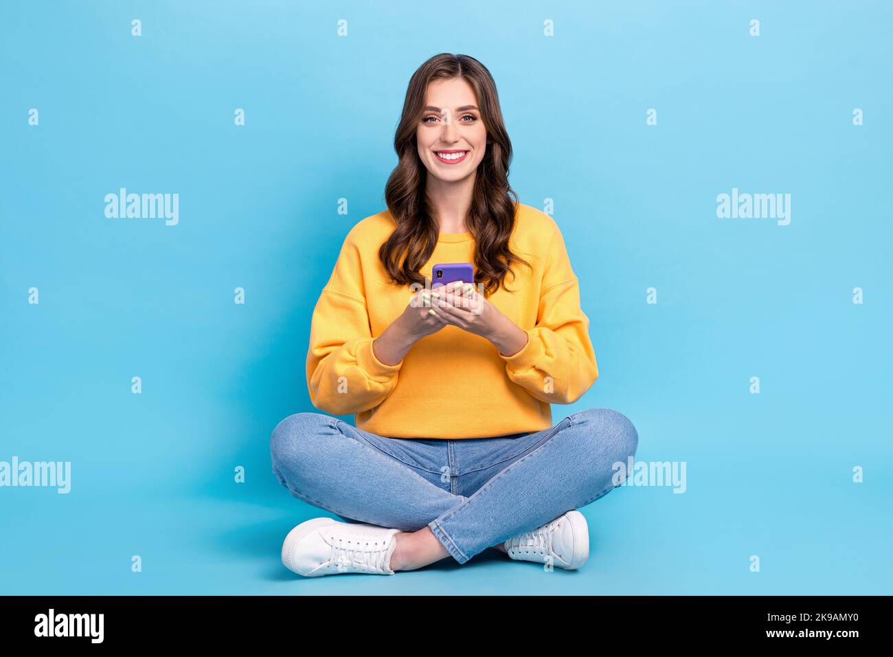 Full length photo of sweet funny lady wear yellow sweater chatting ...