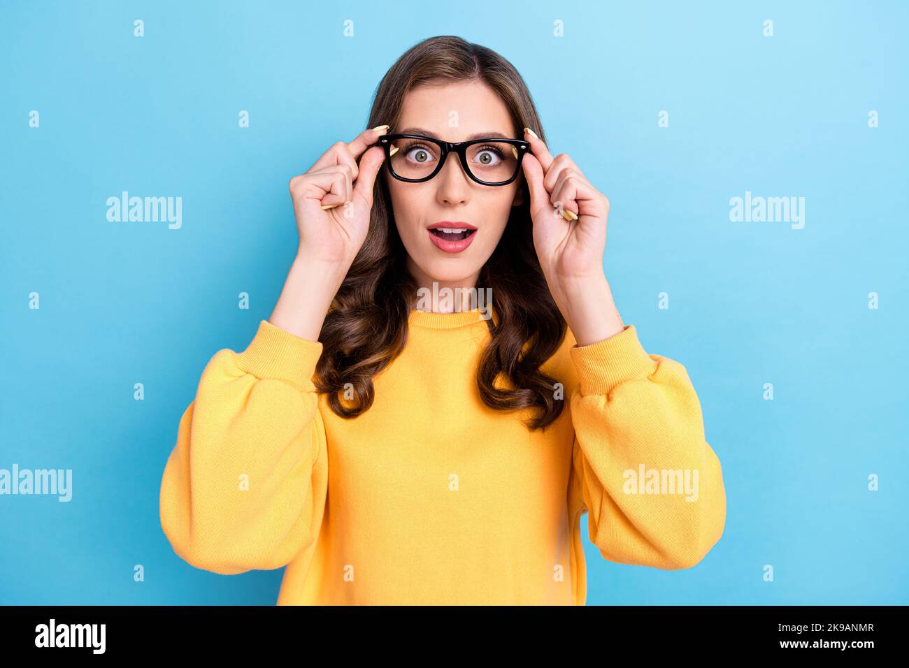 Closeup photo of young attractive nice cute girl wear new glasses ...