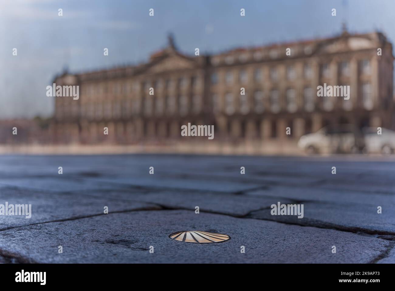 Long exposure of pilgrims shell in Obradoiro plaza, Santiago Stock ...