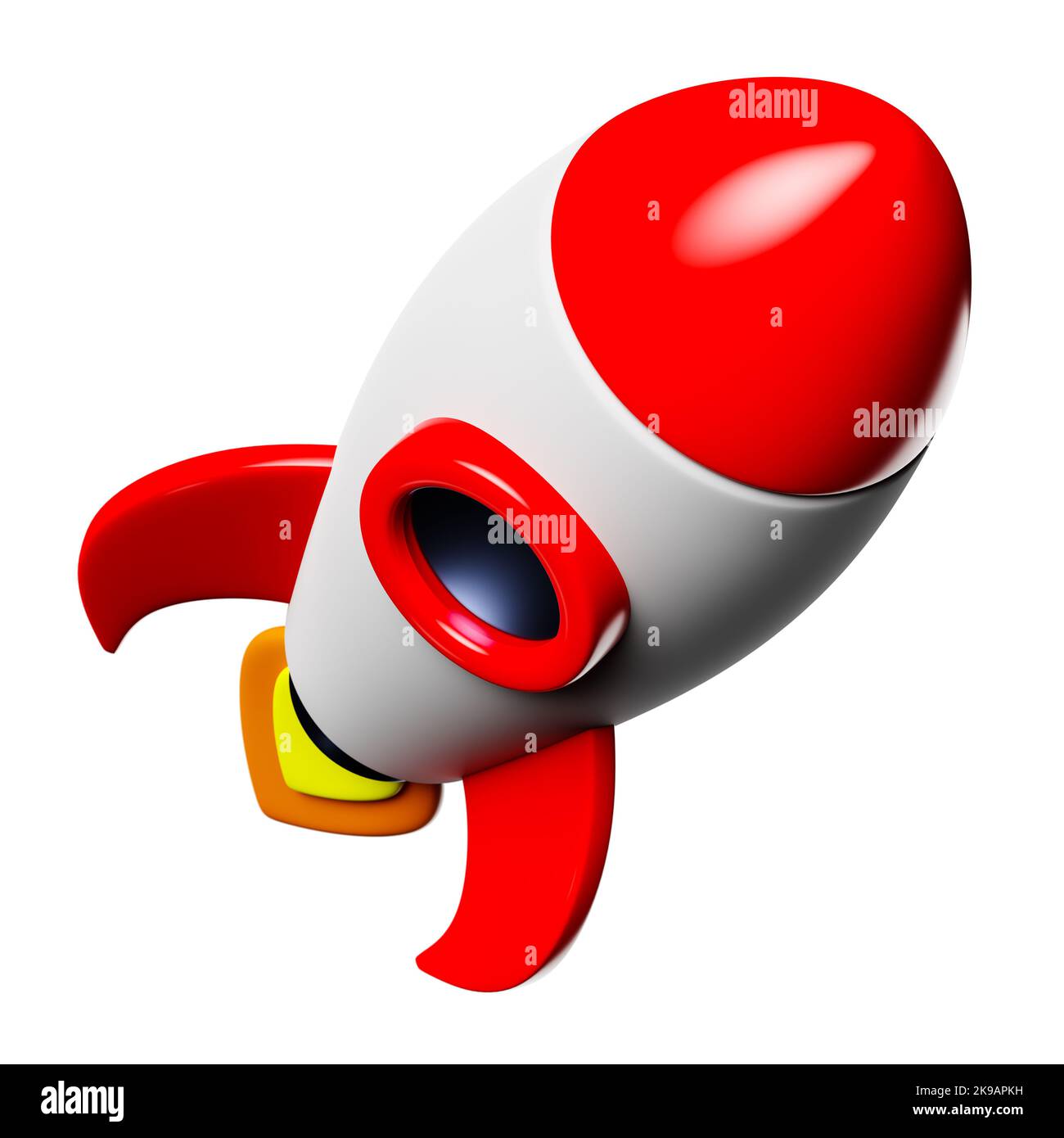 Red and white cartoon rocket going up and towards the viewer. 3d ...