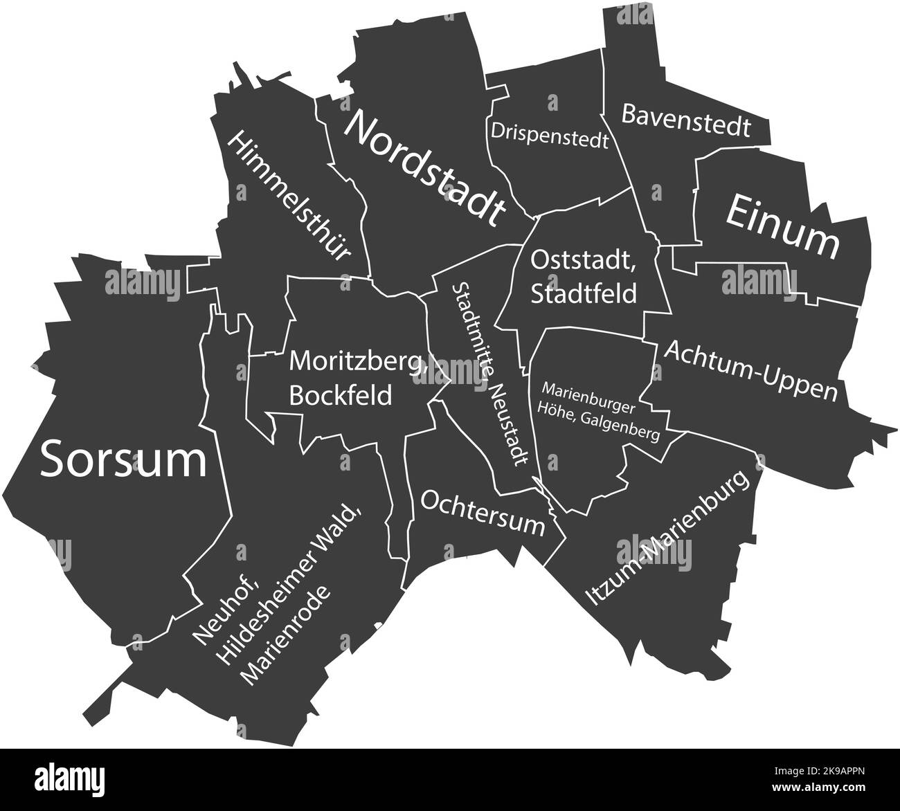 Dark gray tagged municipalities map of HILDESHEIM, GERMANY Stock Vector ...
