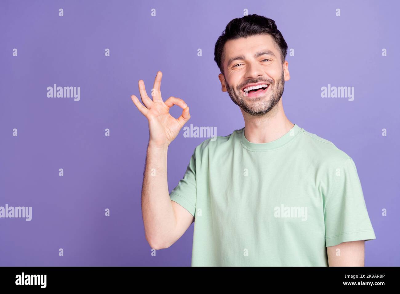 Photo of cheerful man trendy clothes hand arm demonstrate good job ...