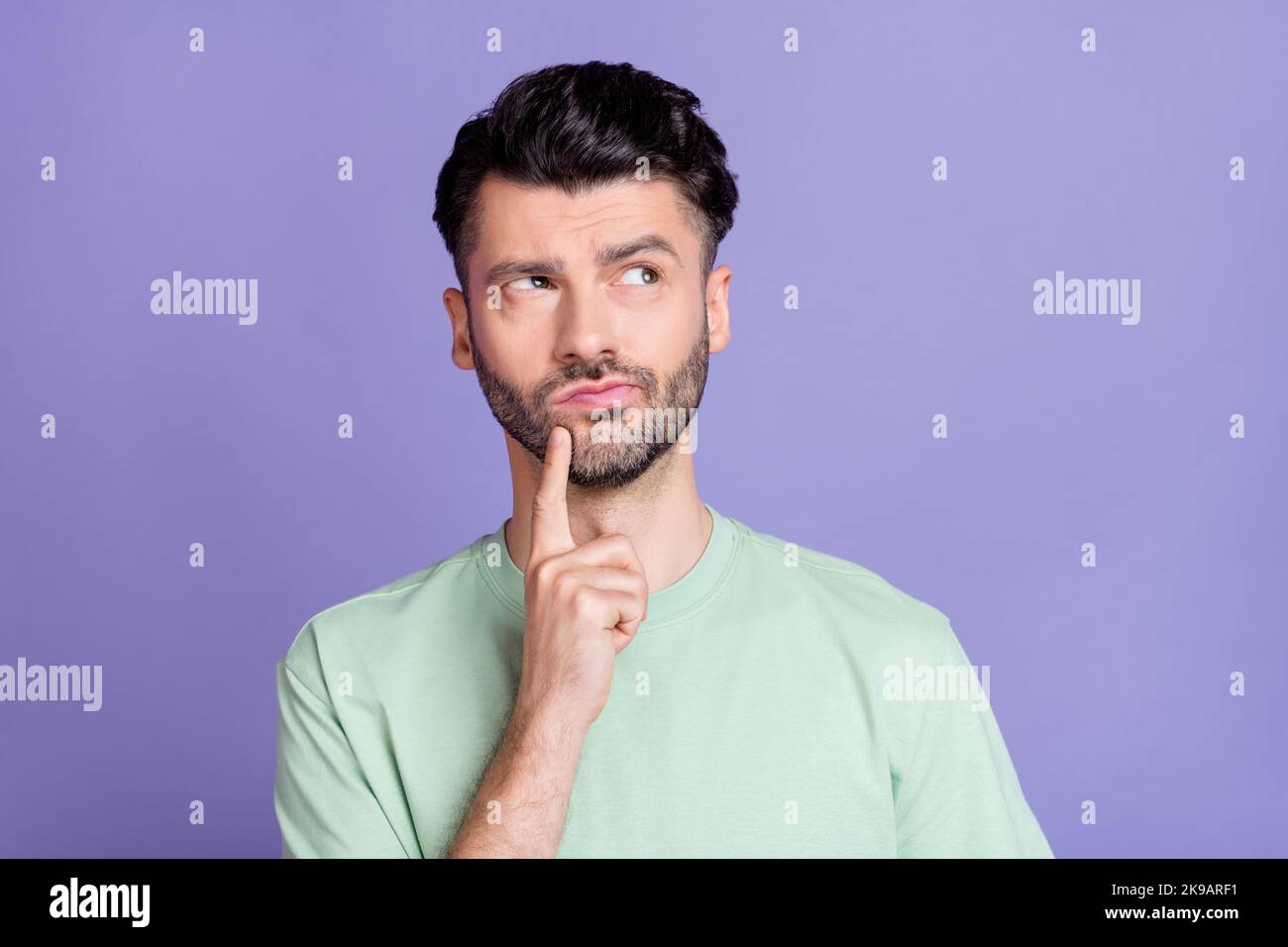 Close up photo of concentrated focused man interested look empty space ...