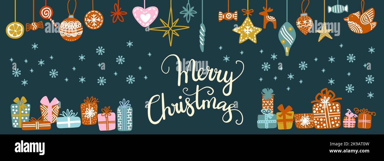 Horisontal greeting card with snowflakes, gifts and Christmas ...